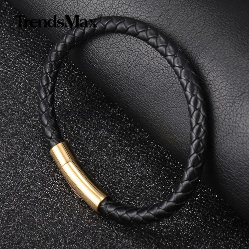 6mm For Men Women Braided Leather Rope Bracelet Stainless Steel Gold ...