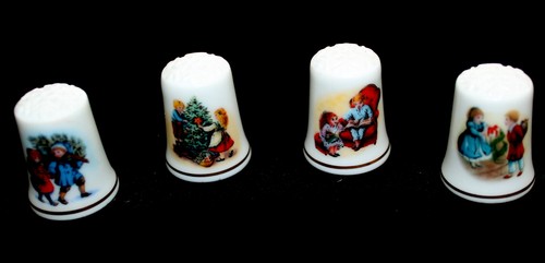4 Vtg Sewing Thimbles 1981- 84 Christmas Avon Porcelain Gold Trim ...