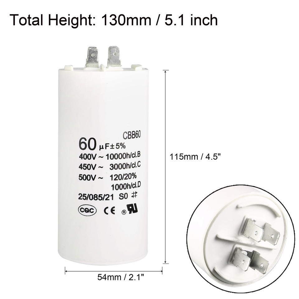 115x54mm Capacitor White 60uF 450V AC for Air Compressor Water Pump 50 ...