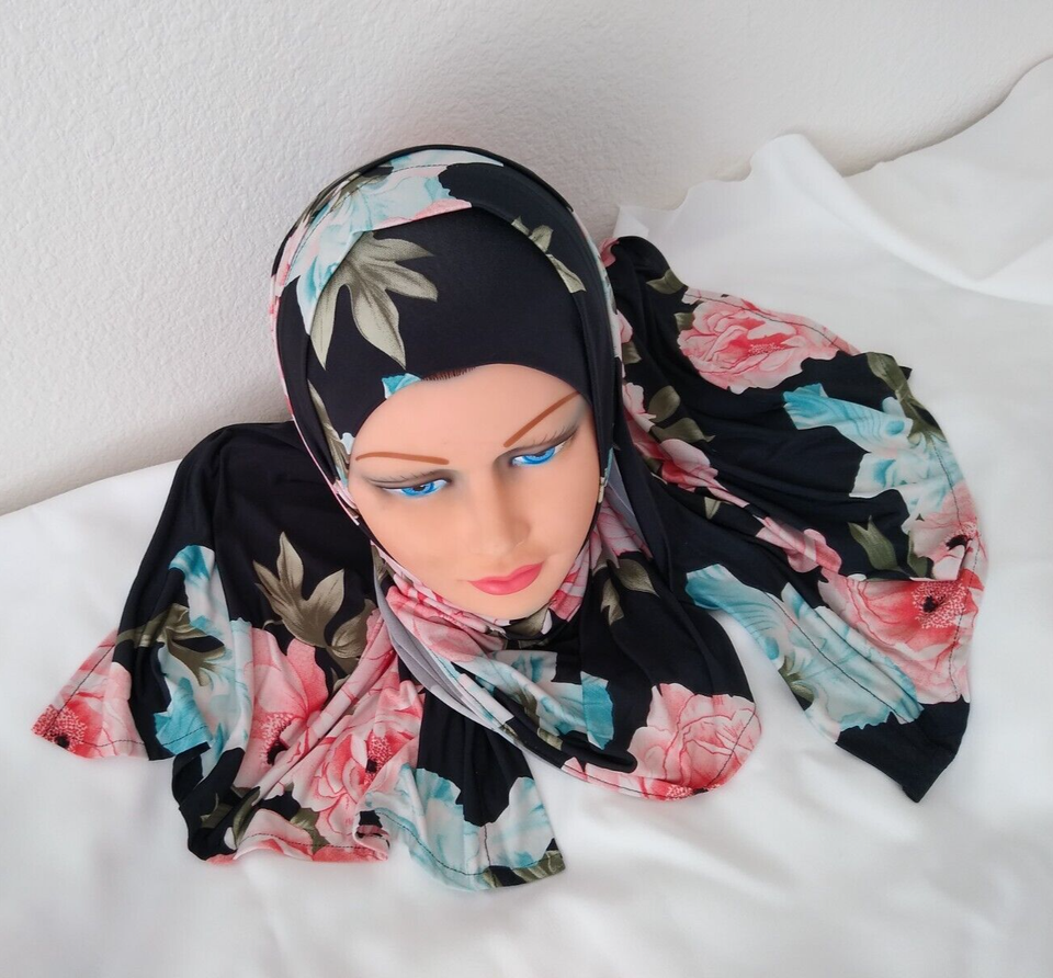 Hijab 2 Piece Scarf Muslim Head Cover Islamic Floral Women's Underscarf ...
