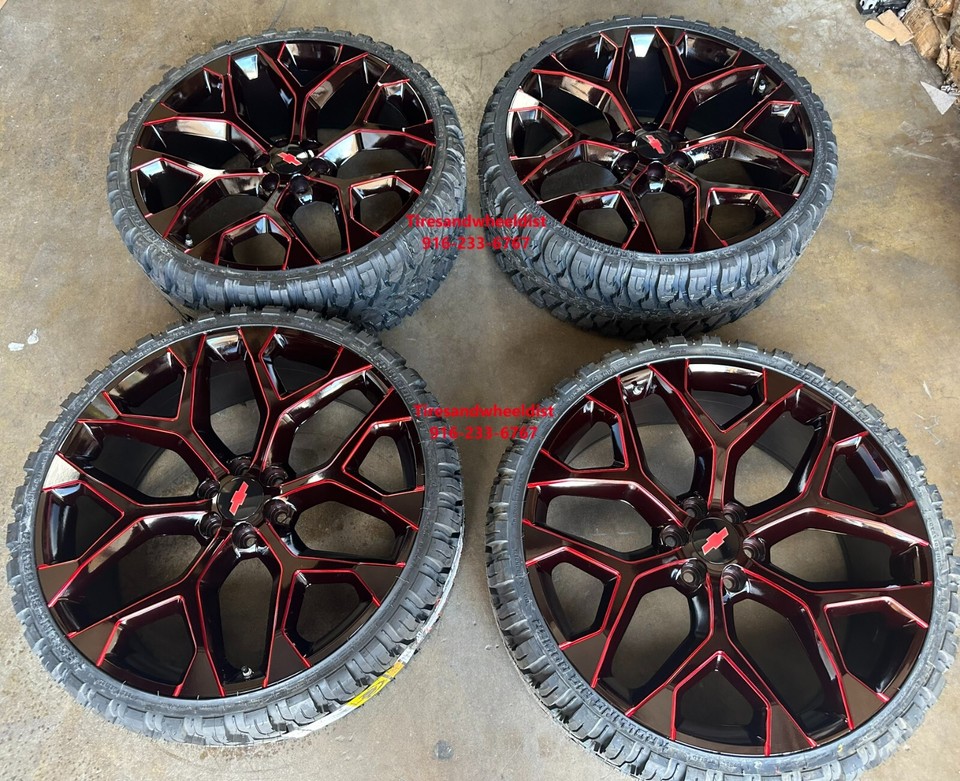 26'' Snowflake Black Red Milled Wheels 33'' MT Tires fit Sierra ...