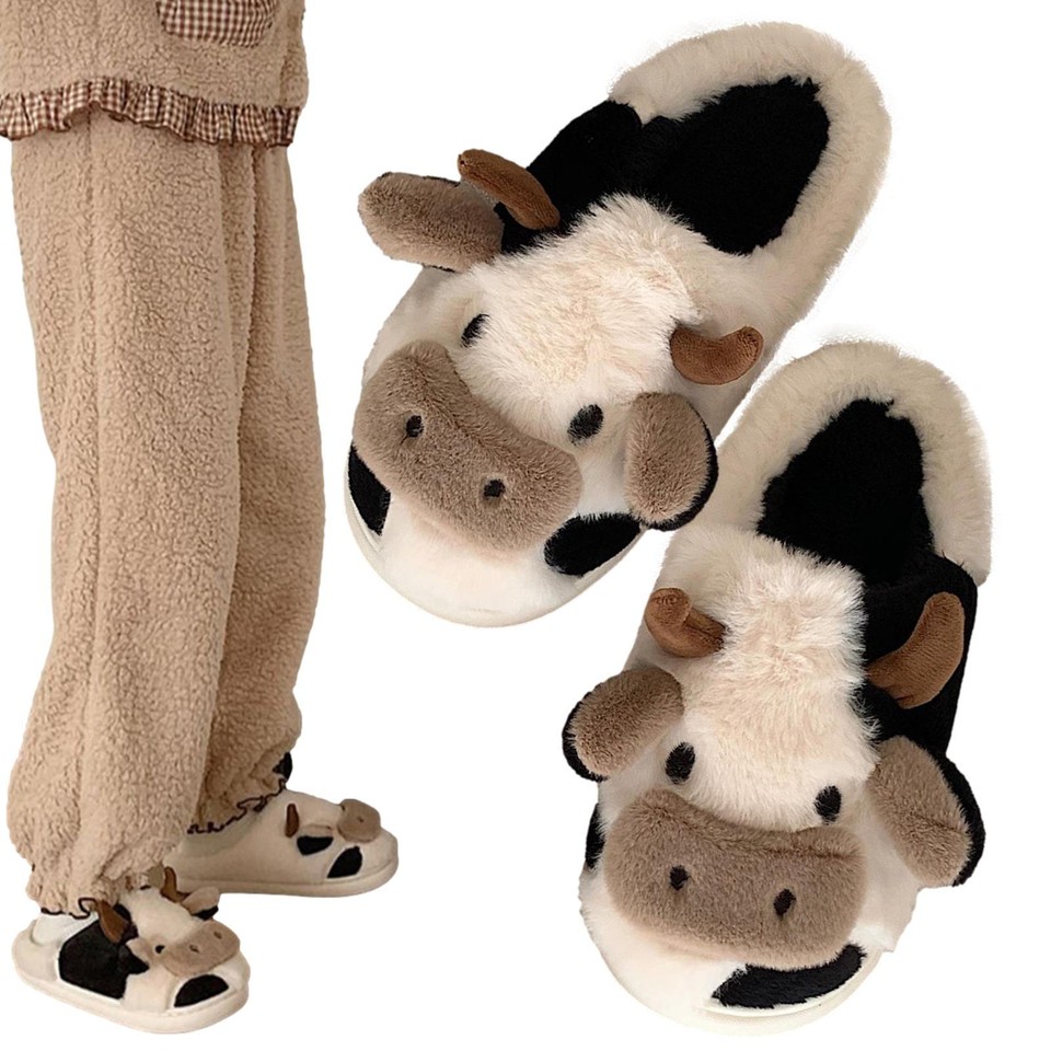 Fluffy Cow Slippers Animal Fuzzy Slides For Women Non Slip Memory Foam ...