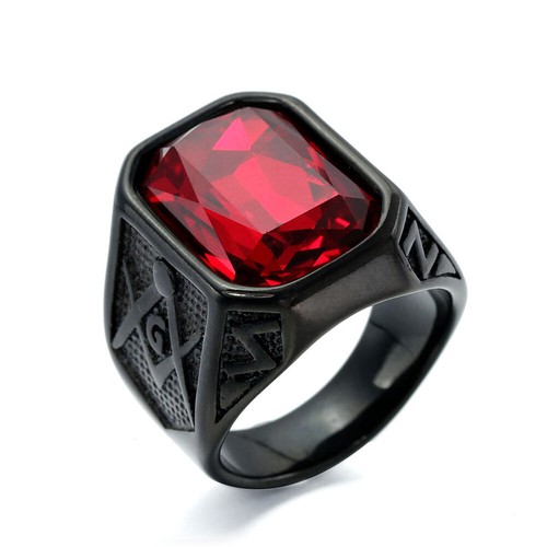 Vintage Red CZ Stone Masonic Wedding Ring Stainless Steel Freemason ...