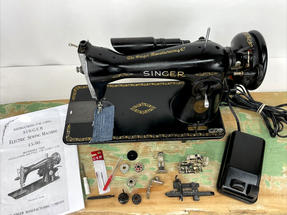*Serviced* Vtg Heavy Duty Singer 15-90 Sewing Machine Leather Denim ...