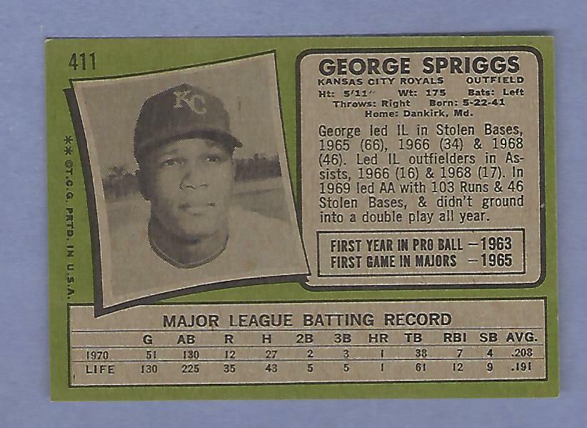 1971 Topps - #411 George Spriggs - Kansas City Royals - ExMt+ CENTERED ...
