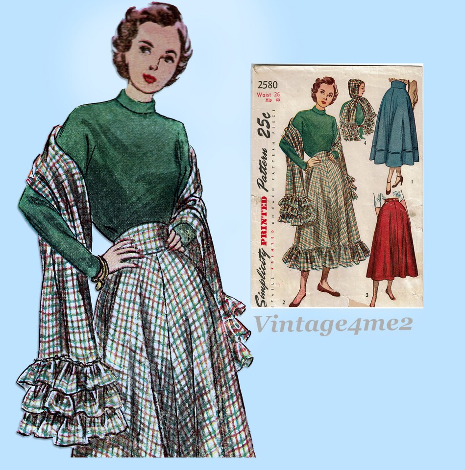 Simplicity 2580: 1940s Misses Ruffled Skirt & Stole 26 W Vintage Sewing ...