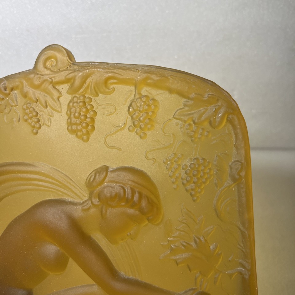 VINTAGE / ANTIQUE STEUBEN AMBER GLASS KNEELING WOMAN with GRAPES PLAQUE ...