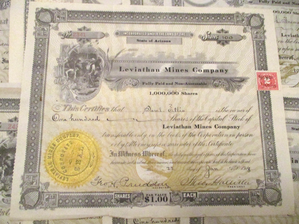 11 OBSOLETE ANTIQUE 1916-18 LEVIATHAN MINES CO. STOCK CERTIFICATES ~ L ...