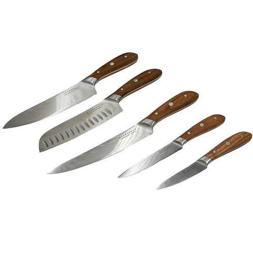 Set of 5 Swiss Diamond Chef Knife German Steel with Carbonized Ash Wood ...