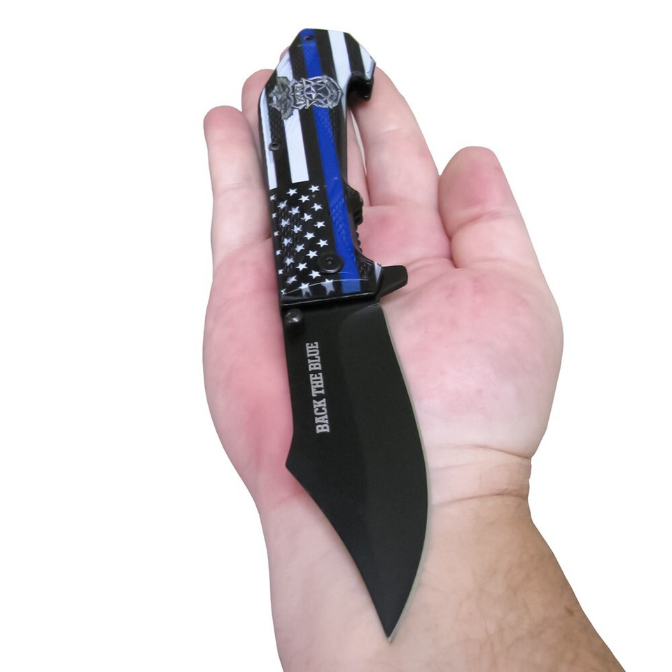 Police BACK THE BLUE Spring Assisted KNIFE Folding Folder BLUE LINE ...