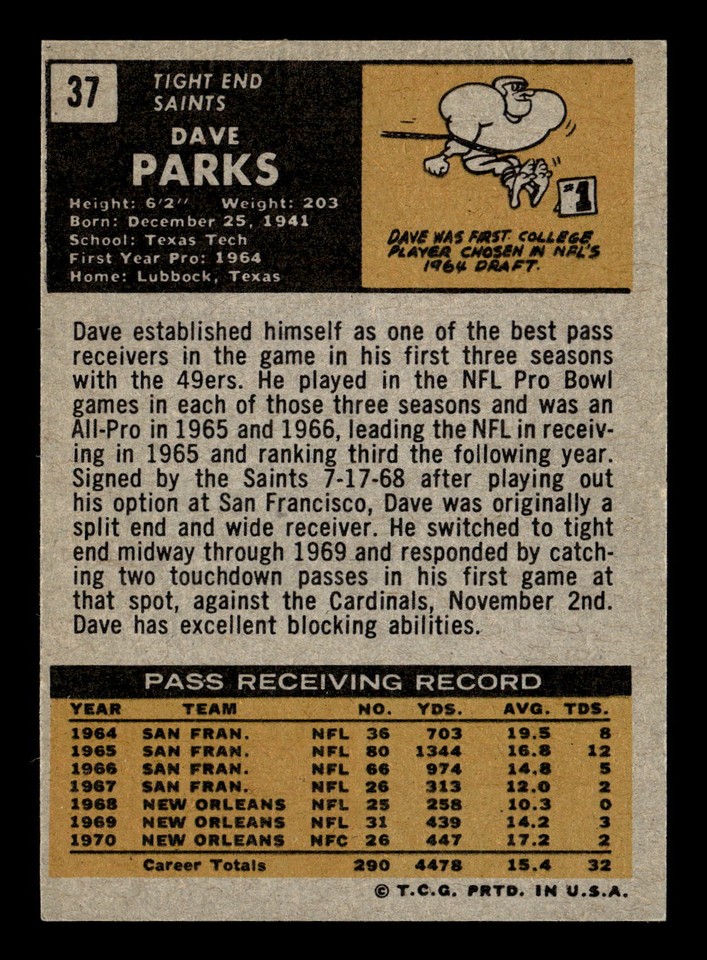 Dave Parks 1971 Topps #37 New Orleans Saints Ex | eBay