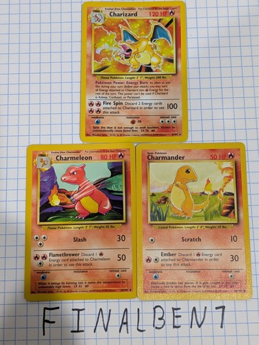 Charizard 004/102 Base Set Holo + Charmander 046/102 + Charmeleon 024/ ...