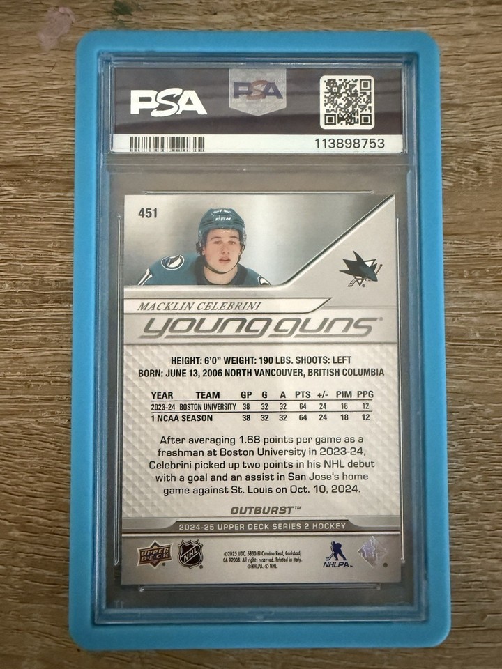 2024-25 Upper Deck Young Guns Macklin Celebrini #451 Outburst (RC). PSA ...