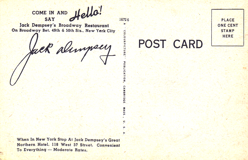 Boxing Champ Jack Dempsey c1940 Signed Restaurant and Hotel Advertising ...