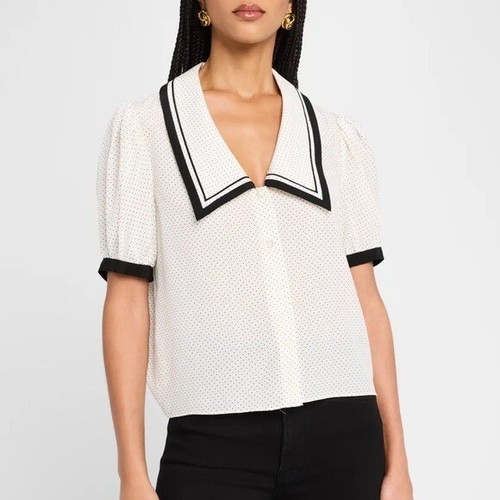 FRAME Silk Sailor Button Up Top Cream Black Dot Blouse Size Small | eBay