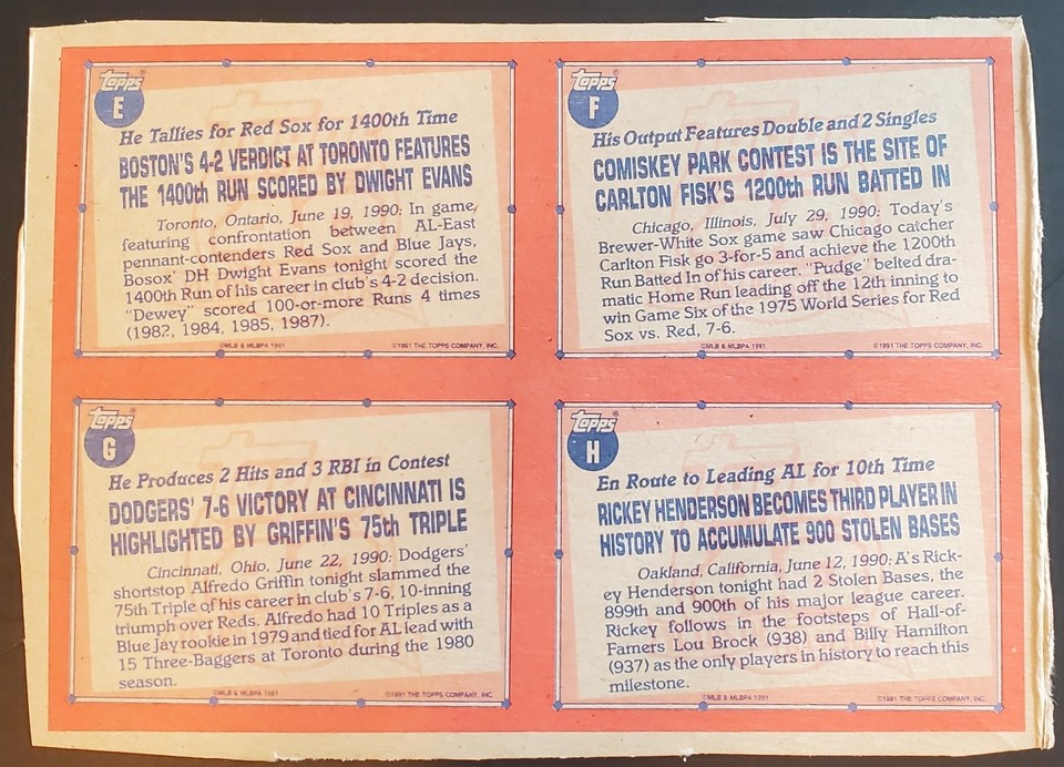1991 Topps Baseball Wax Box Bottom Uncut Cards - Evans, Griffin, Fisk ...