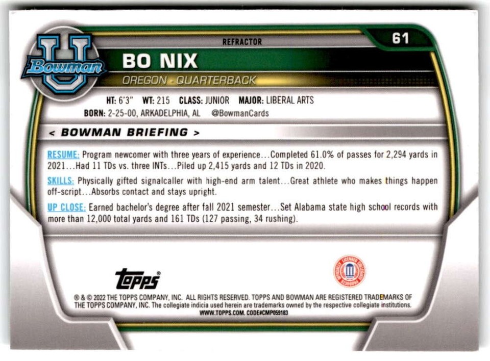 2022 Bowman Chrome University Refractor #61 Bo Nix Oregon Ducks ...