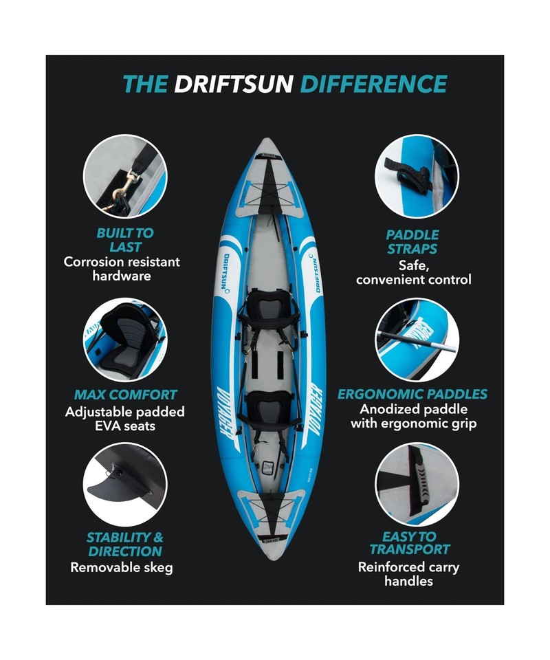 Driftsun Voyager Inflatable Kayak 2 Person Tandem, Foldable Kayaks for ...