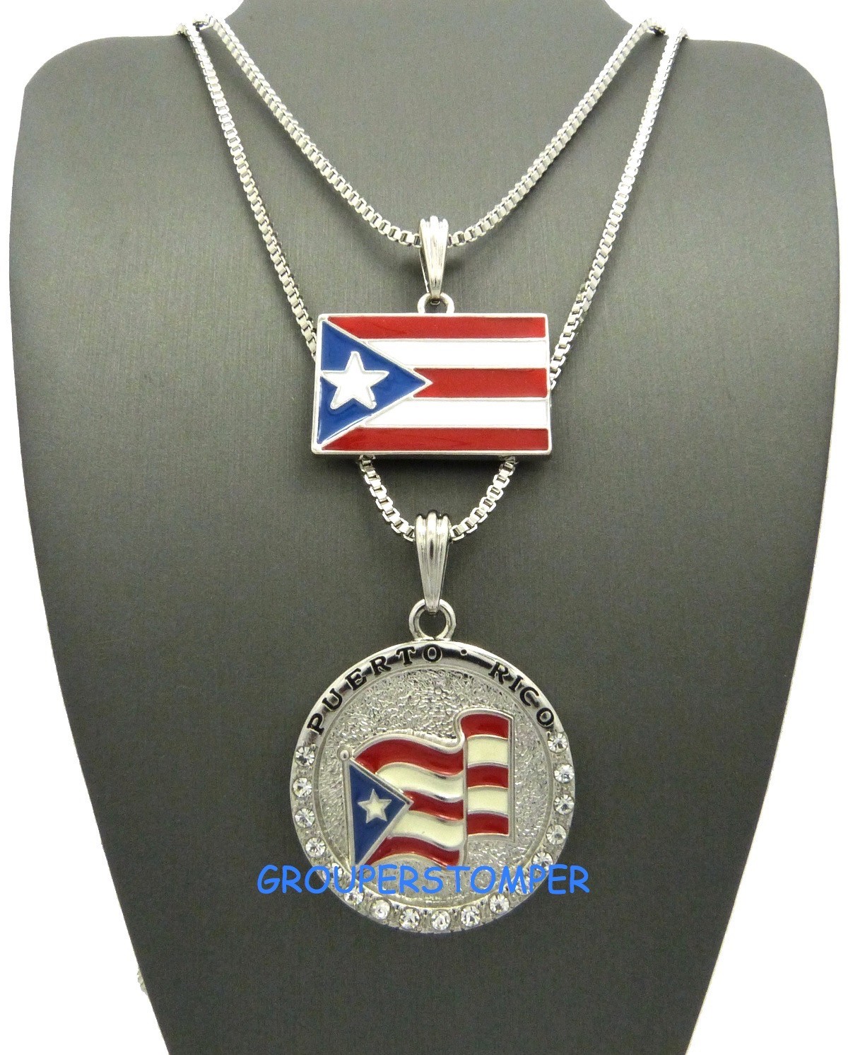 Puerto Rico Flag New Two Pendant Necklaces Set 24 & 30 Inch Box Link ...