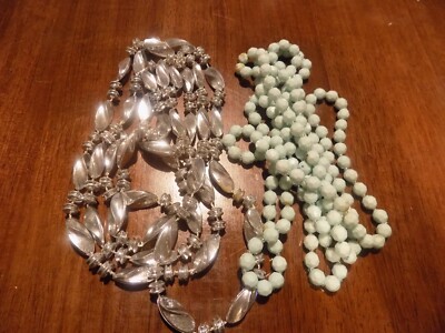 2 Long Continuous Strand Beads Necklaces silver 60", light blue 62 ...