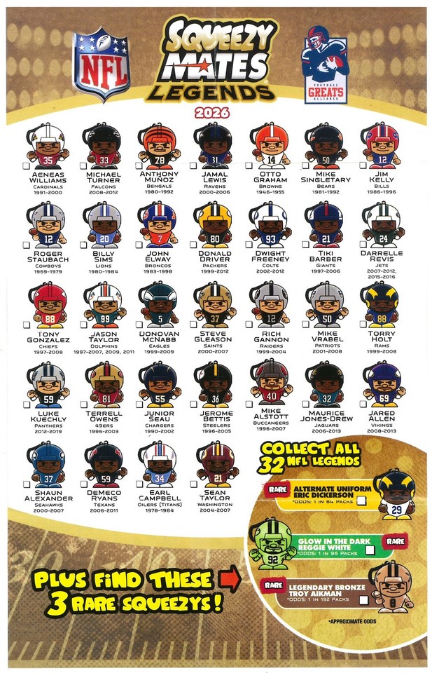 4 Packs - SqueezyMates NFL Legends 2026 Gravity Feed Figurine Packs ...