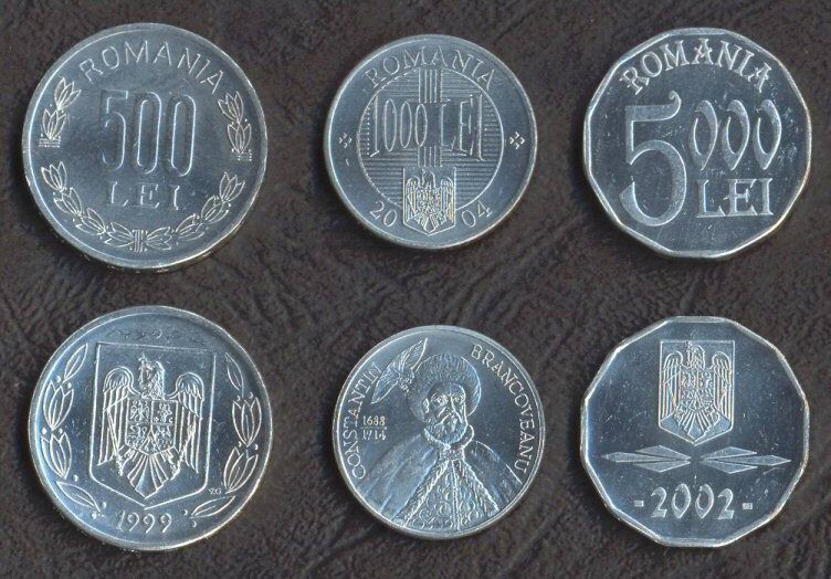 ROMANIA 10 ALUMINIUM COIN SET 500+1000+5000 Lei 2000-2004 UNC LOT 3 x10 ...