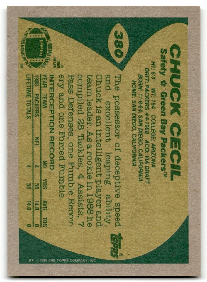 1989 TOPPS CHUCK CECIL GREEN BAY PACKERS #380 | eBay