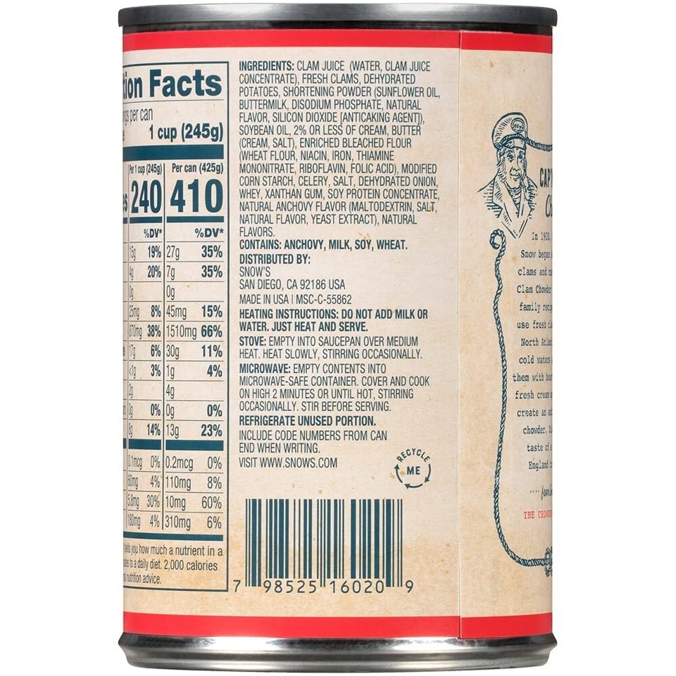Snows New England CLAM CHOWDER 15oz Authentic READY TO SERVE (3 Cans ...