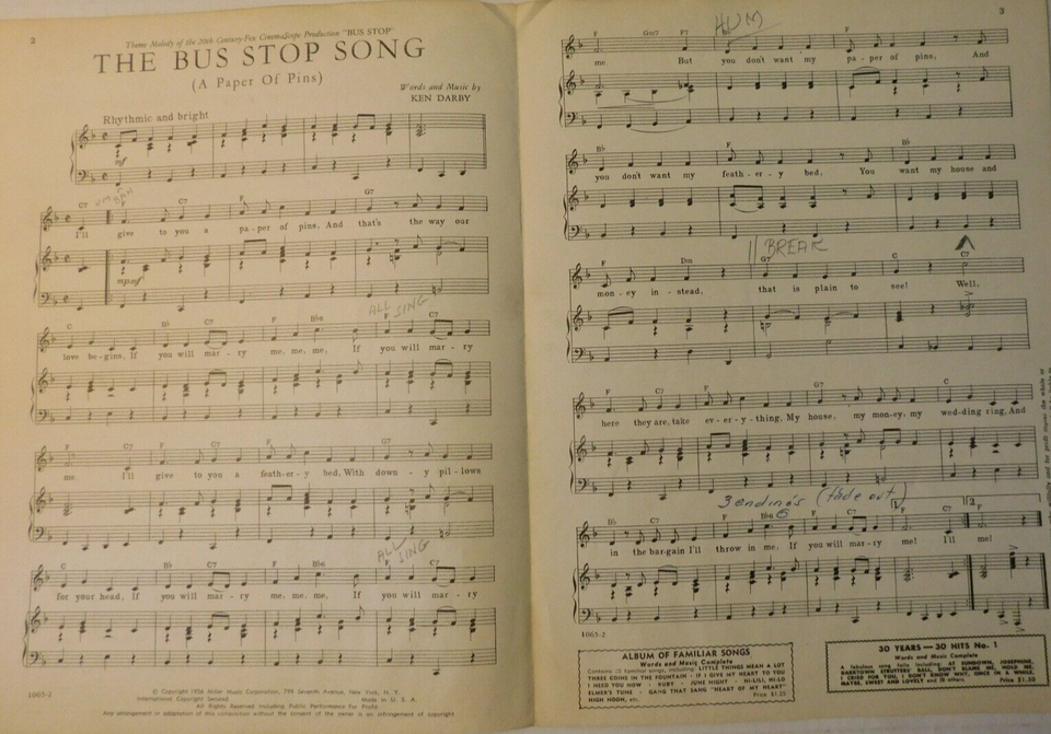 SHEET MUSIC Marilyn Monroe "The Bus Stop Song" from "Bus Stop" © 1956 ...