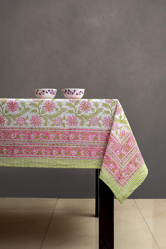 Hand Block Print Tablecloth for Rectangle Table, Floral Pink Table ...