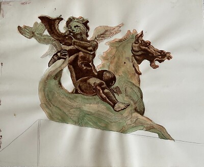 Signed original wash drawing 1997 Trumpeting Putto Riding Sea Horse ...