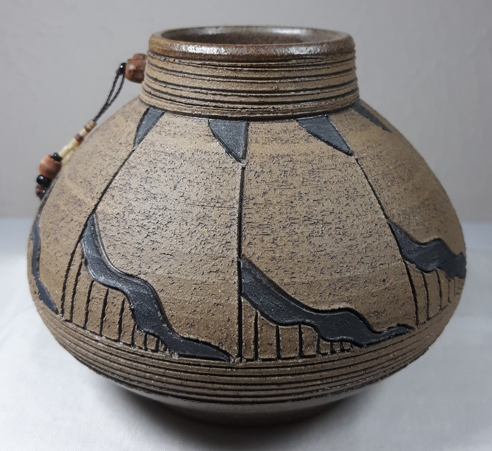 Mary Tuttle Southwest Art Pottery Vase Beads Etched Hand Carved Artist ...
