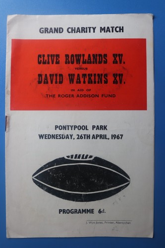 Clive Rowlands XV v David Watkins XV 1967 Roger Addison Charity ...