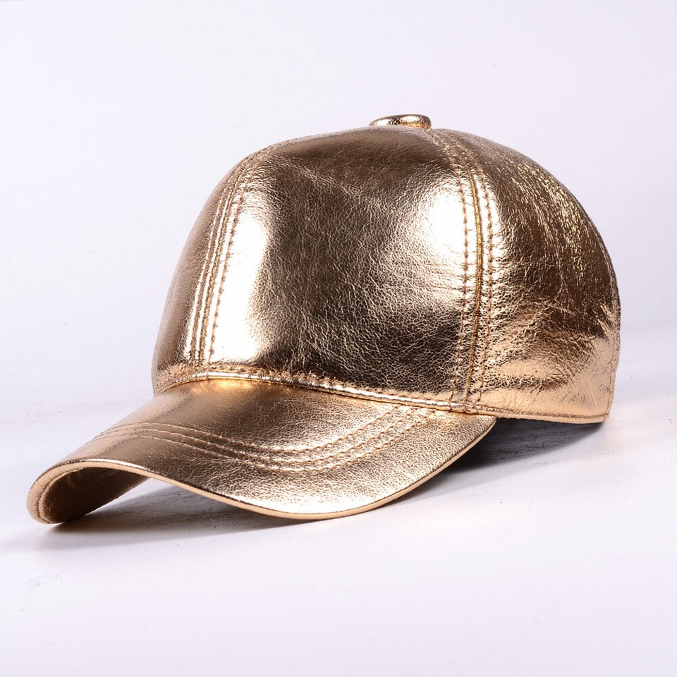 New Women's Men's Real Leather Unisex Gold Baseball Cap Trucker Cap ...