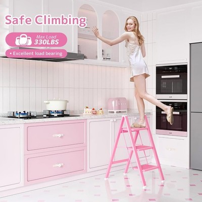 GameGem Pink Step Ladder 3 Step Folding, Small Step Stool for Women to ...