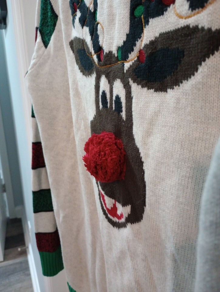 Ugly Christmas Sweater L Women 3D Knit Rudolph Red Nose Reindeer ...