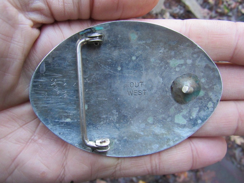 Vtg BARREL RACING Belt Buckle OUT WEST Rodeo Western Inlay ART Silver ...