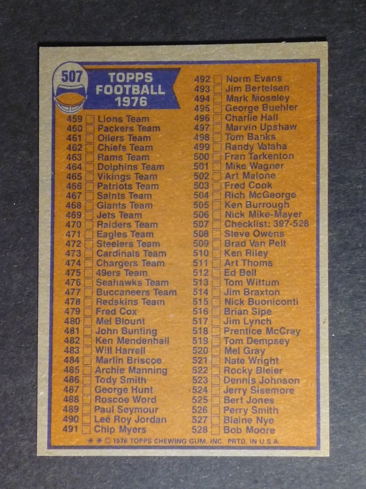 1976 Topps Football Checklist #507 (397-528) NM/MT 002 (Inv#DR1019) | eBay