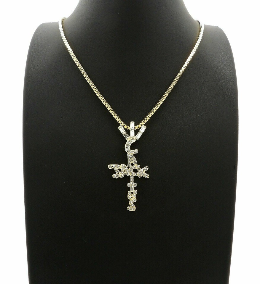 Hip Hop Travis Scott Cactus Jack Cross Pendant 24" Cuban Box Rope Chain ...