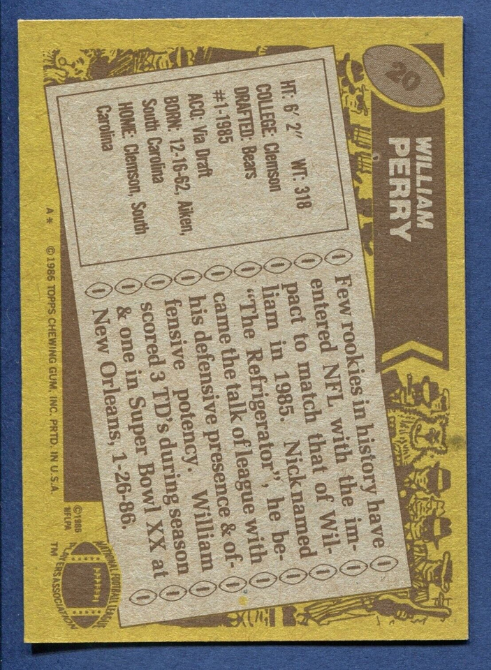 1986 Topps William Perry Rookie #20 NM-MT or Better - The Fridge | eBay