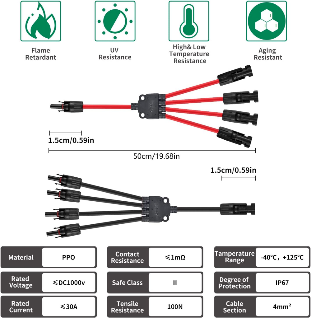 Solar Panel Y Branch Parallel Connectors Adapter Cable Wire Connection ...