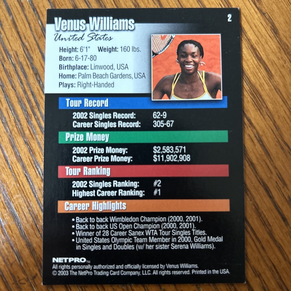 Venus Williams 2003 Netpro Rookie Card RC Tennis #2 C15 | eBay