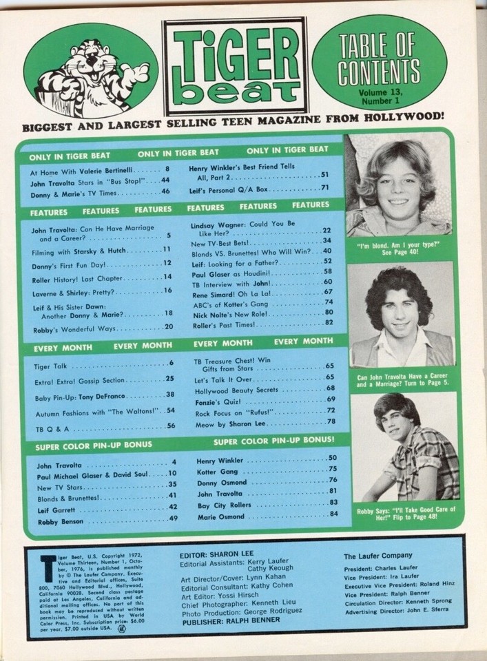 TIGER BEAT 10-76 - LEIF, TRAVOLTA, ROBBY BENSON, DONNY, ROLLERS, GLASER ...