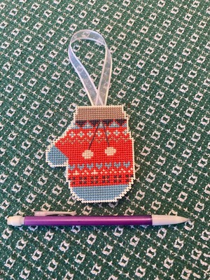 Handmade CrossStitch Red PomPom Mitten Christmas Ornament/Gift Tag | eBay