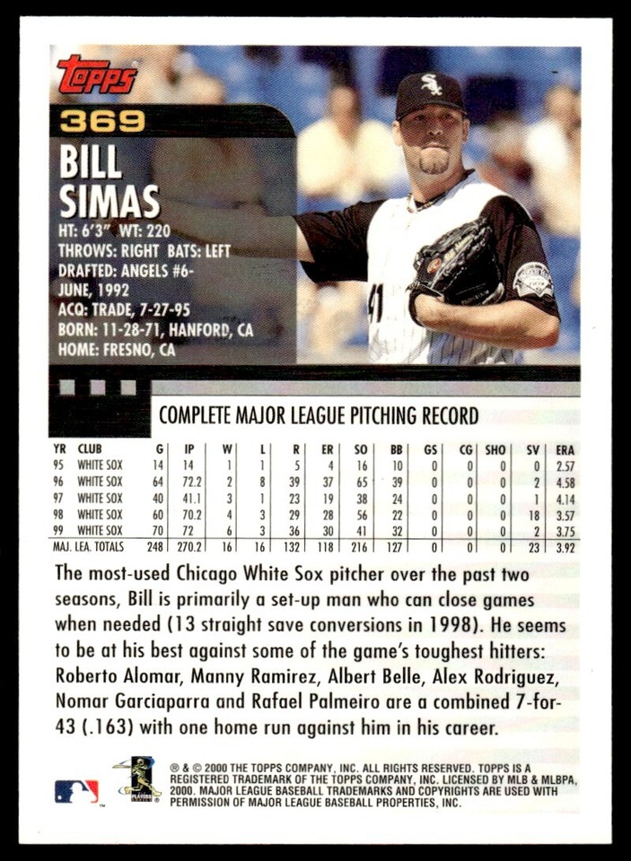2000 Topps Baseball Bill Simas Auto Chicago White Sox #369 Signed | eBay