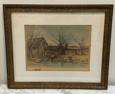AMERICAN ARTIST G. H. RANDALL - SIGNED FRAMED ENGRAVING OF COTTAGE IN ...