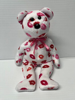 TY Beanie Baby KISSY Bear 9" Stuffed Animal Pink Red Lipstick Love ...