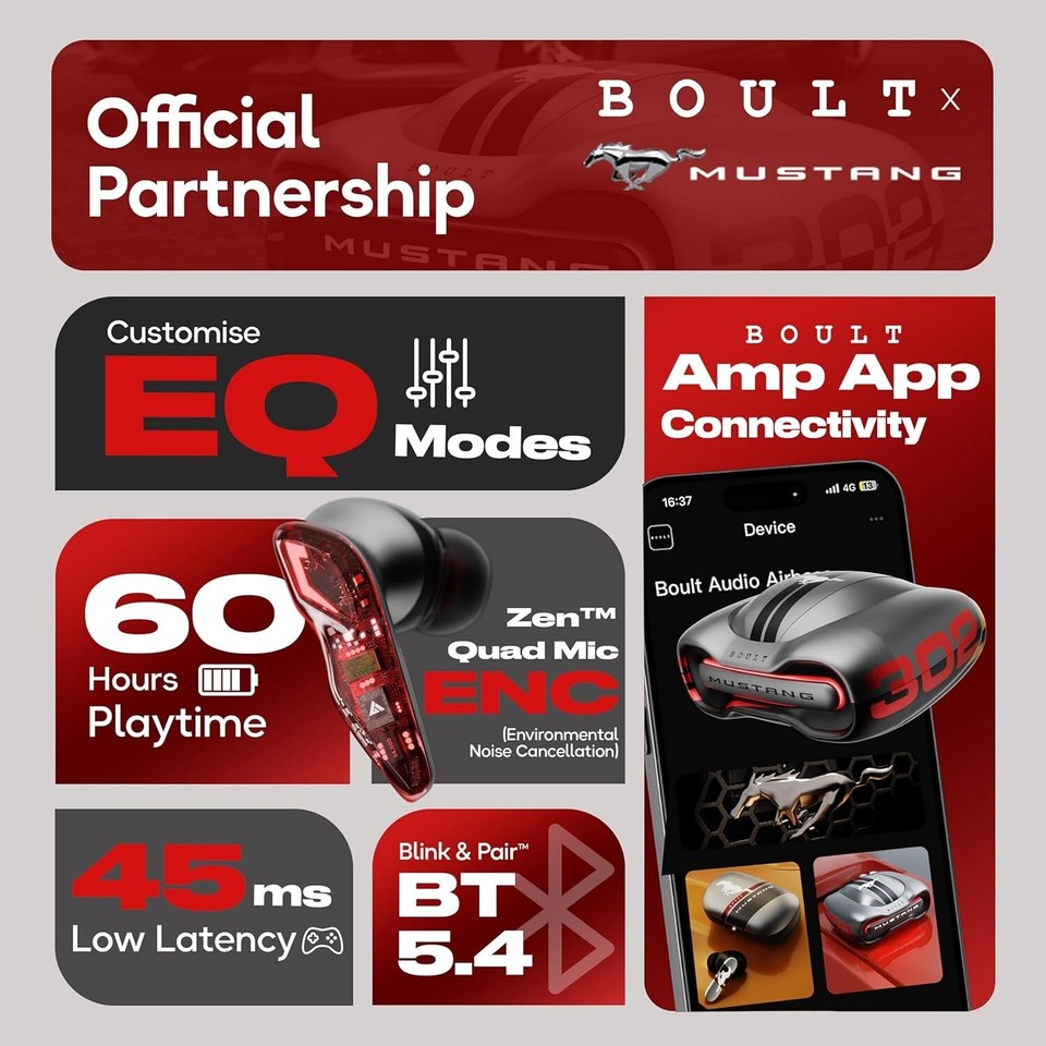 Boult X Mustang Torq TWS Earbuds 4 Mics ENC 45ms Touch Control 60H ...