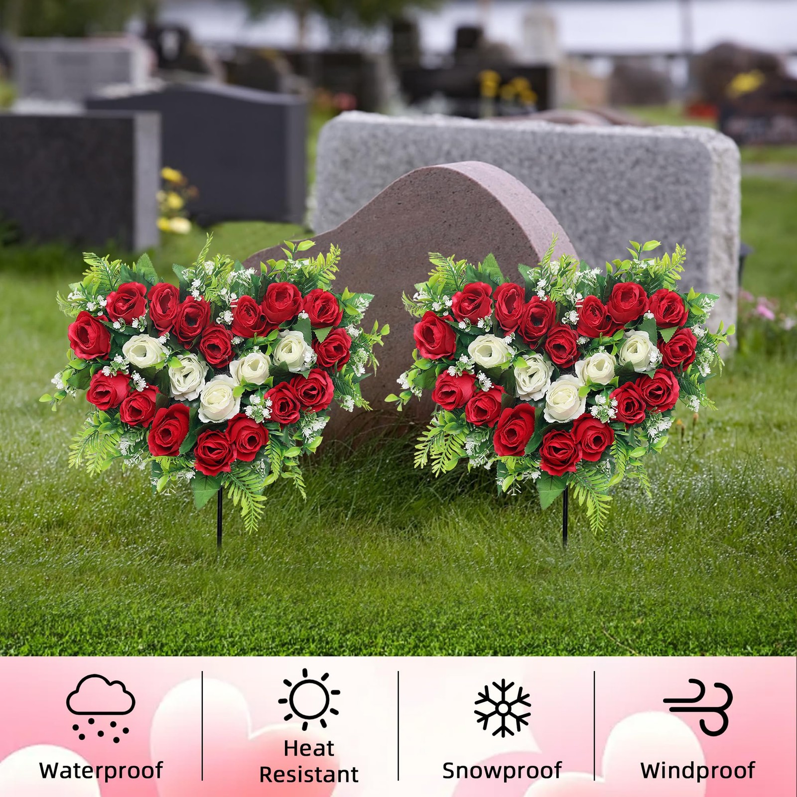 2 Sets Artificial Cemetery Flowers, Grave Memorial Flowers with Ground ...