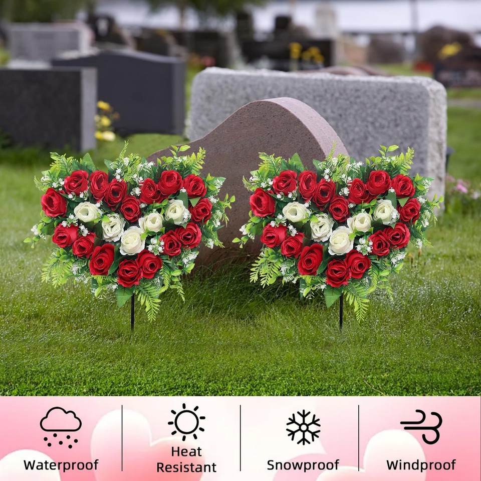 2 Sets Artificial Cemetery Flowers, Grave Memorial Flowers with Ground ...